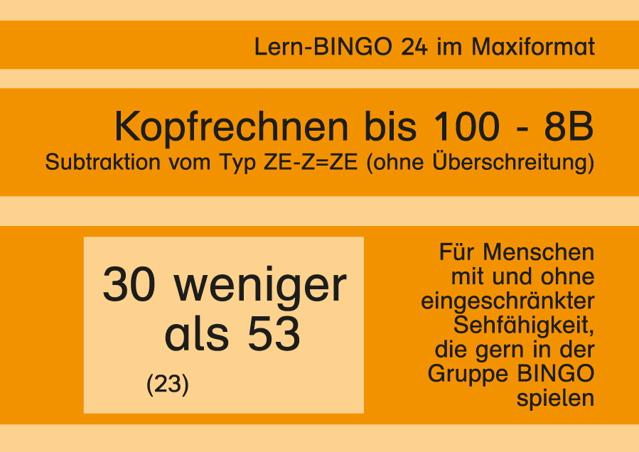 Lern-BINGO 8B Subtraktion (Z+ZE=ZE o.Ü) bis 100 PDF | k2-verlag.ch